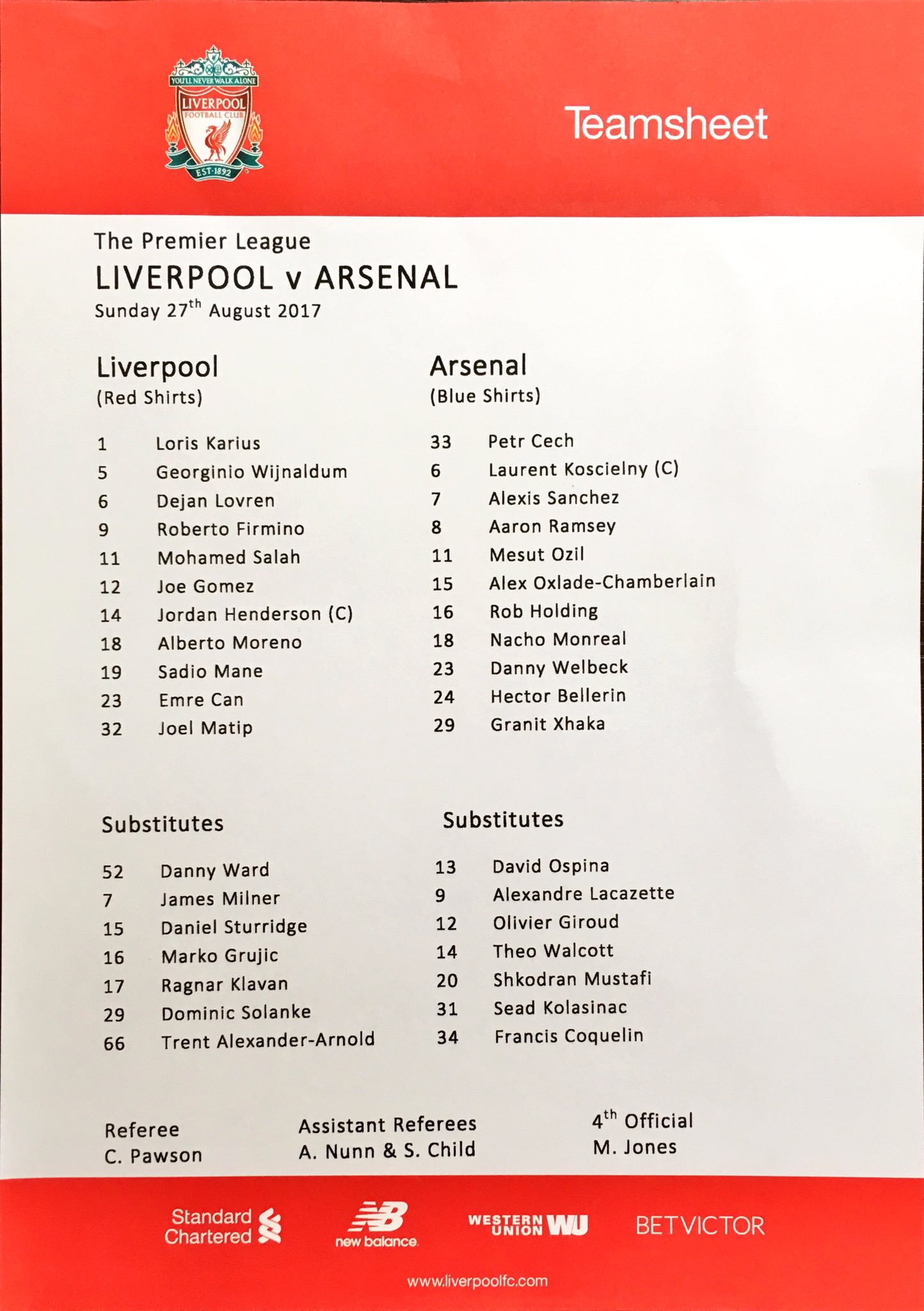 Matchdetails from Liverpool - Arsenal played on Sunday 27 August 2017 ...