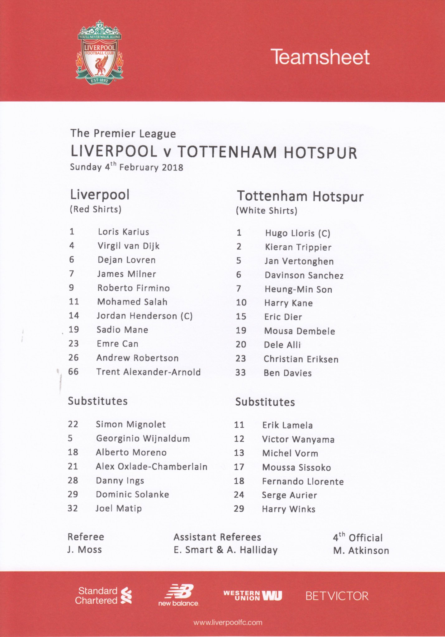 Matchdetails from Liverpool - Tottenham Hotspur played on Sunday 4 ...