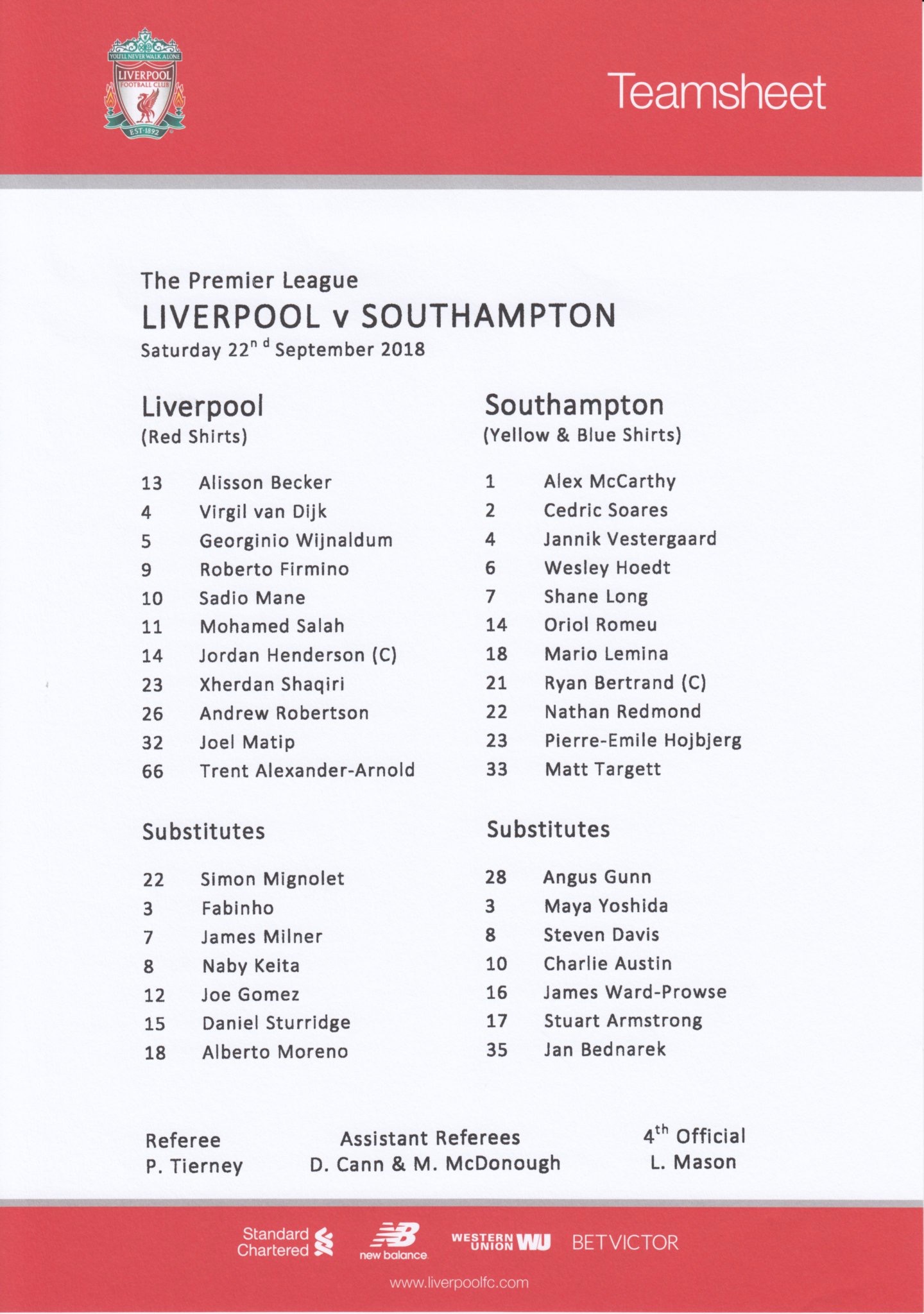 Matchdetails from Liverpool - Southampton played on Saturday 22 ...