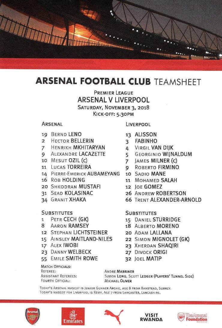 Matchdetails from Arsenal - Liverpool played on Saturday 3 November ...