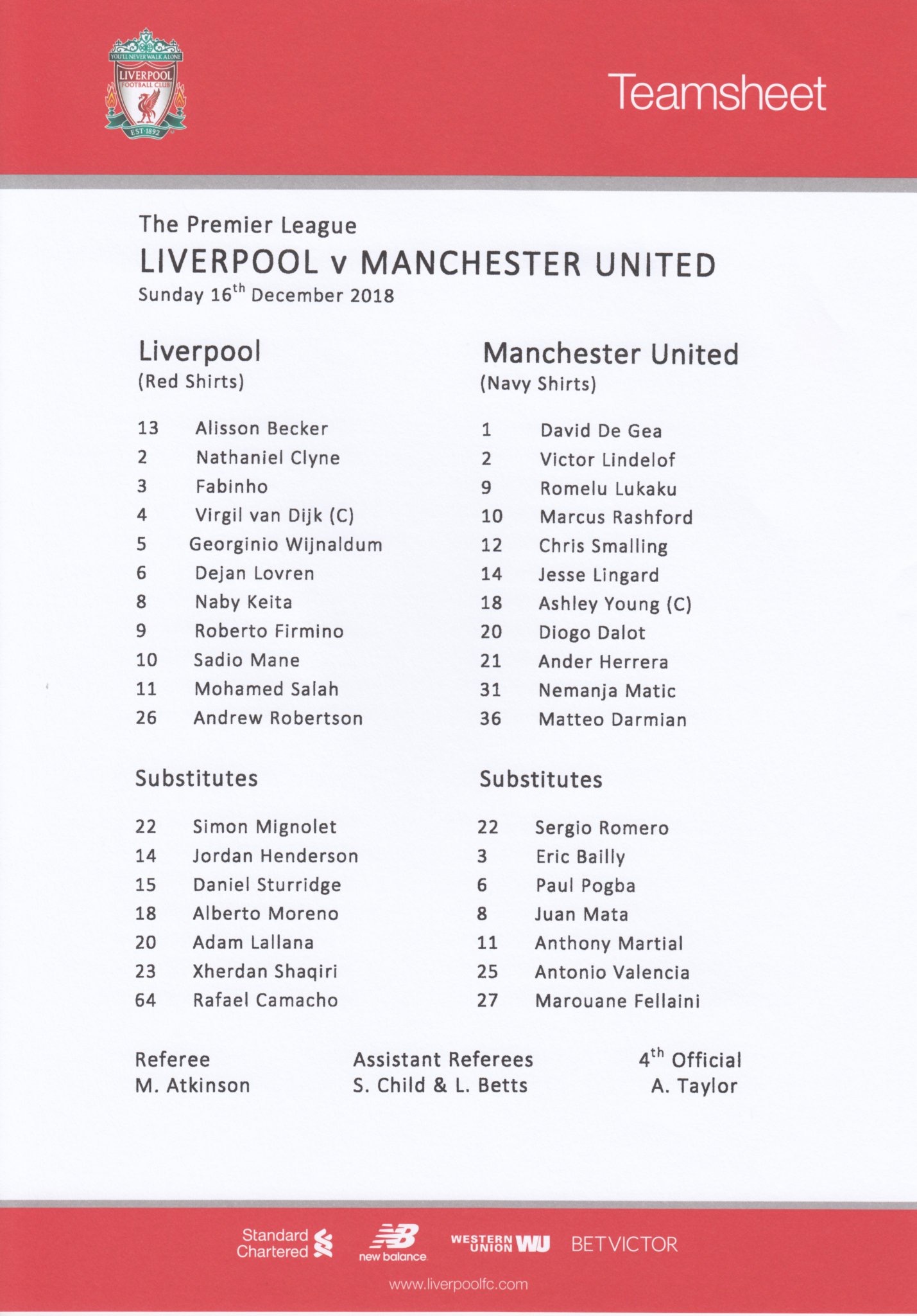 Matchdetails from Liverpool - Manchester United played on Sunday 16 ...