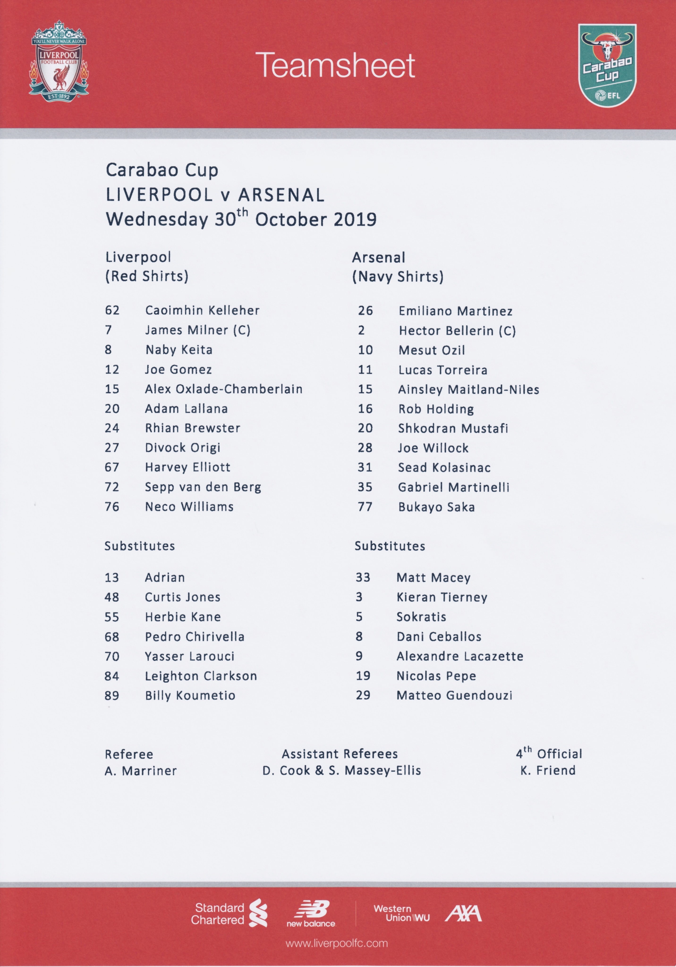 Matchdetails from Liverpool - Arsenal played on Wednesday 30 October ...