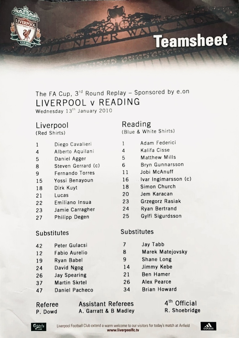 Matchdetails from Liverpool - Reading played on Wednesday 13 January ...