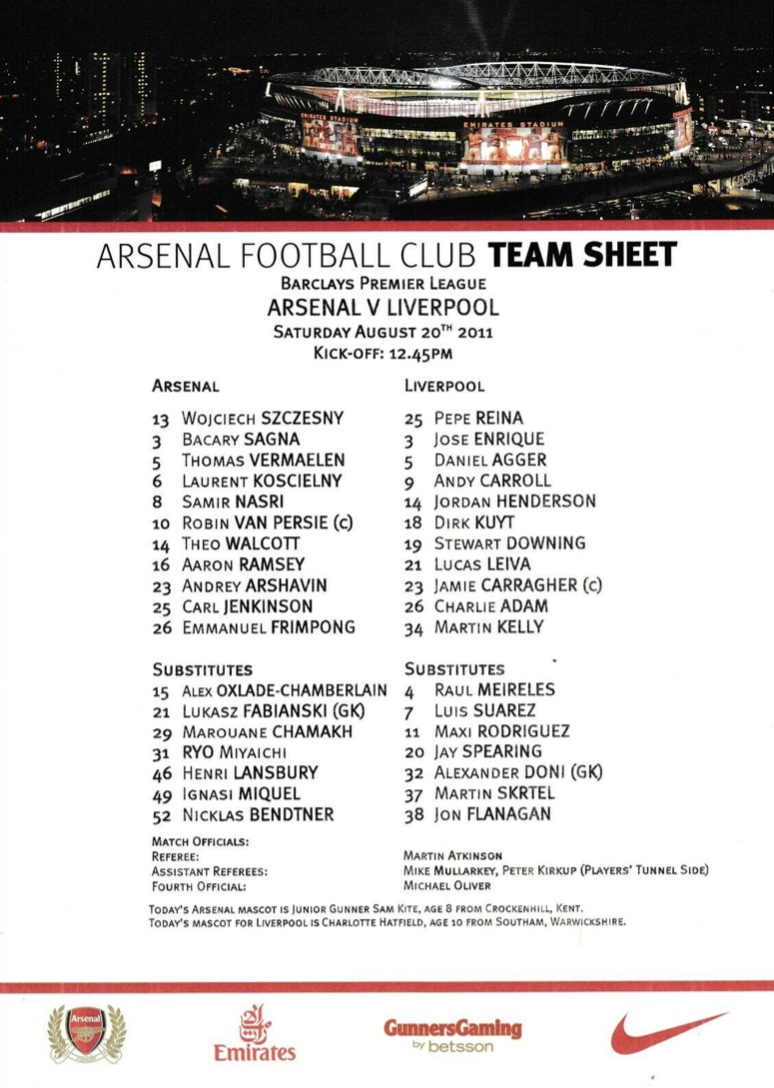 Matchdetails from Arsenal - Liverpool played on Saturday 20 August 2011 ...
