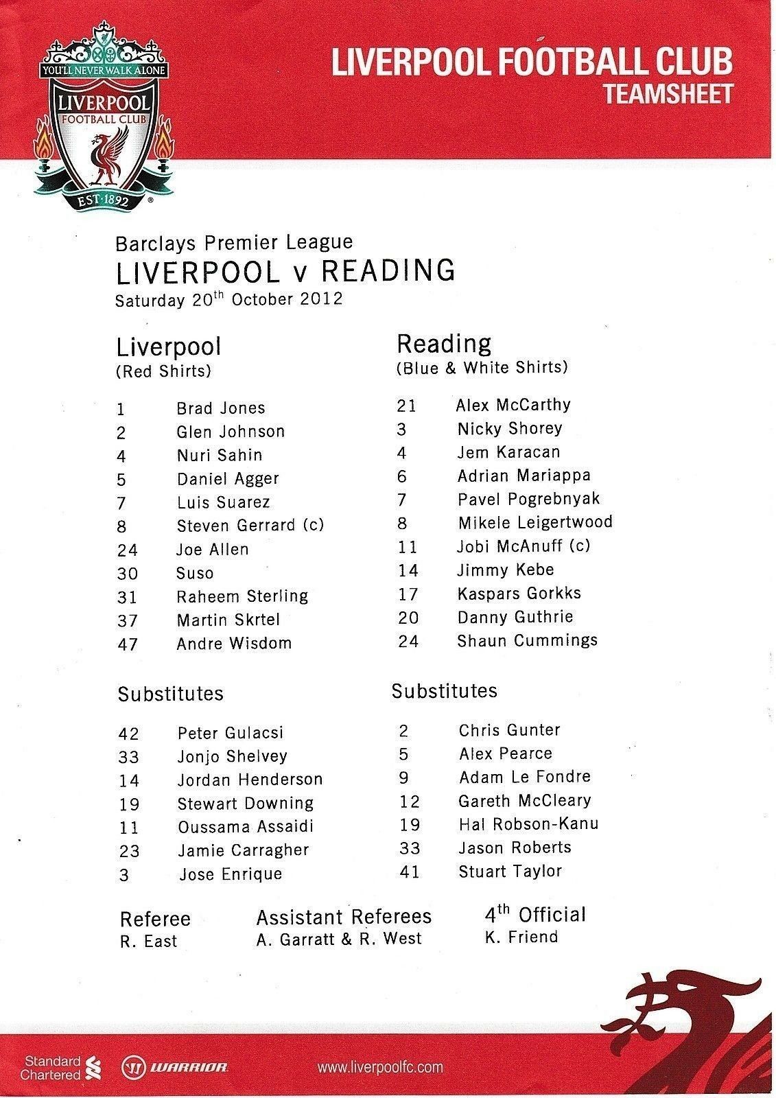 Matchdetails from Liverpool - Reading played on Saturday 20 October ...