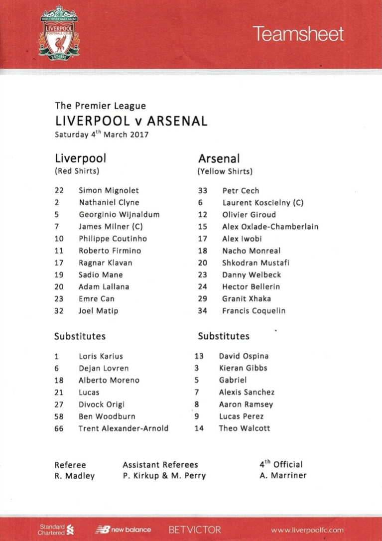 Matchdetails from Liverpool - Arsenal played on Saturday 4 March 2017 ...