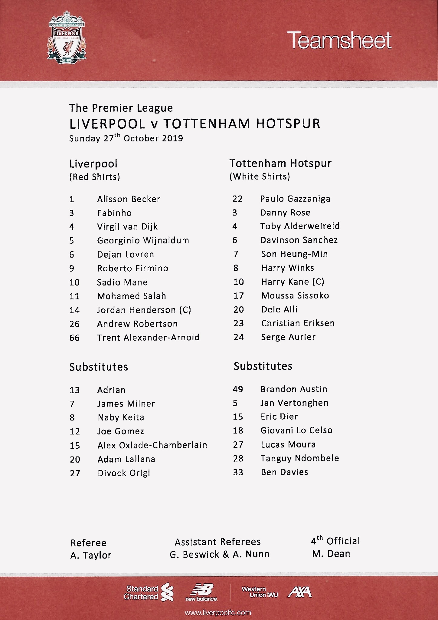 Matchdetails from Liverpool - Tottenham Hotspur played on Sunday 27 ...