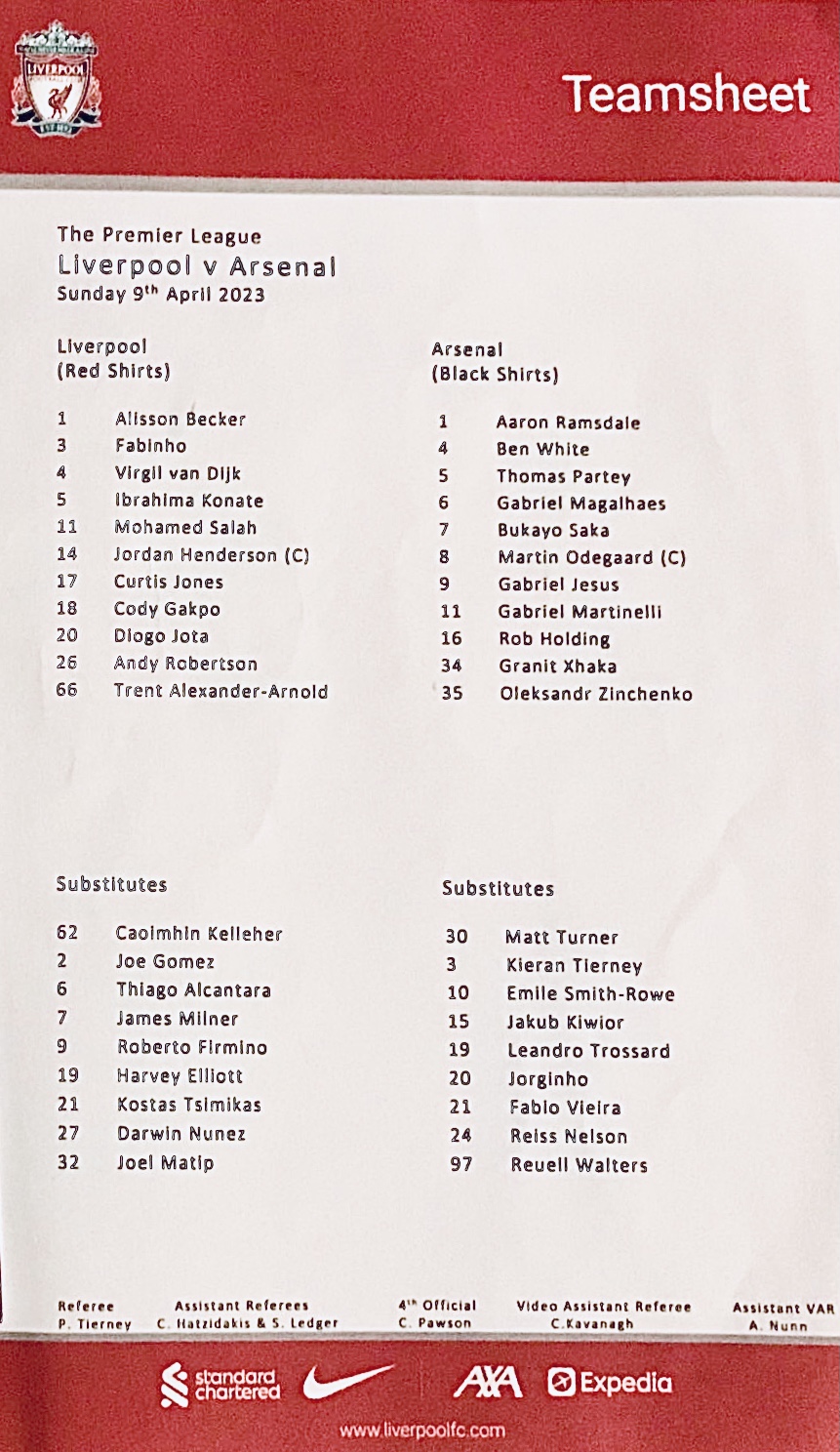 Matchdetails from Liverpool - Arsenal played on Sunday 9 April 2023 ...