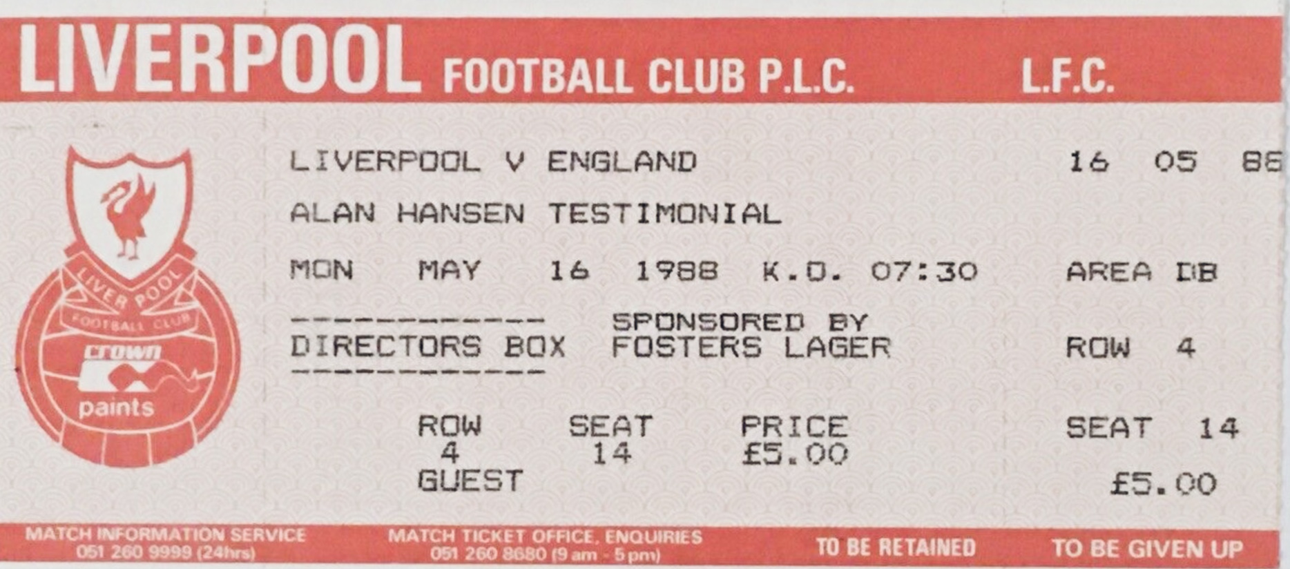 Matchdetails from Liverpool - England XI played on Monday 16 May 1988 ...