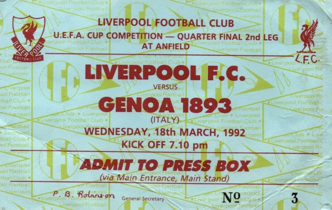 Matchdetails from Liverpool - Genoa played on Wednesday 18 March 1992 ...