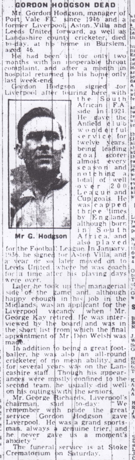 Liverpool career stats for Gordon Hodgson - LFChistory - Stats galore ...
