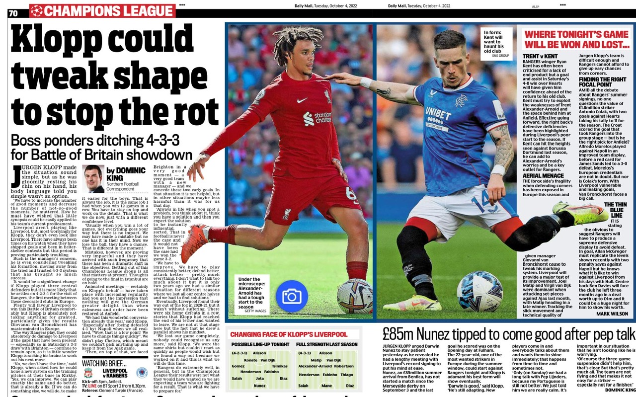 Matchdetails from Liverpool - Rangers played on Tuesday 4 October 2022 ...