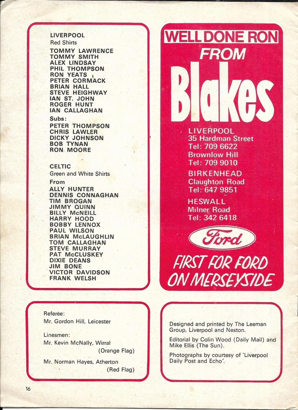 Matchdetails from Liverpool - Celtic played on Monday 13 May 1974 ...