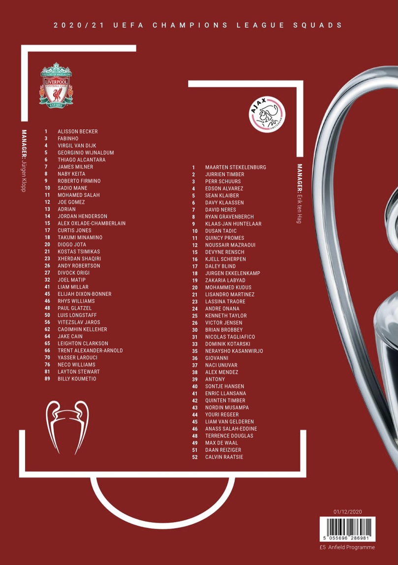 Matchdetails from Liverpool - Ajax played on Tuesday 1 December 2020 ...