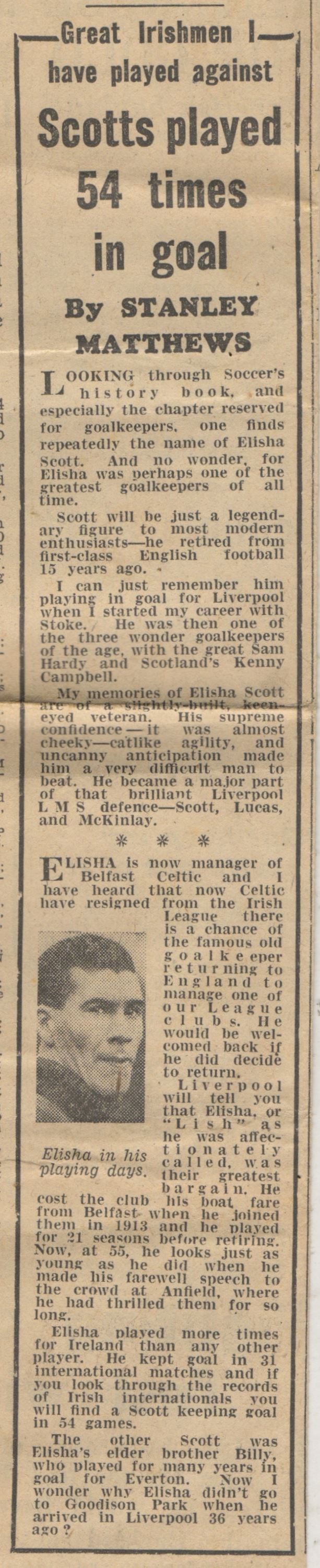 Liverpool career stats for Elisha Scott - LFChistory - Stats galore for ...